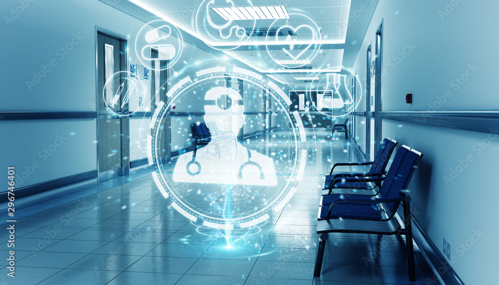 Hospital blue corridor with digital medical infographics and charts 3D ...