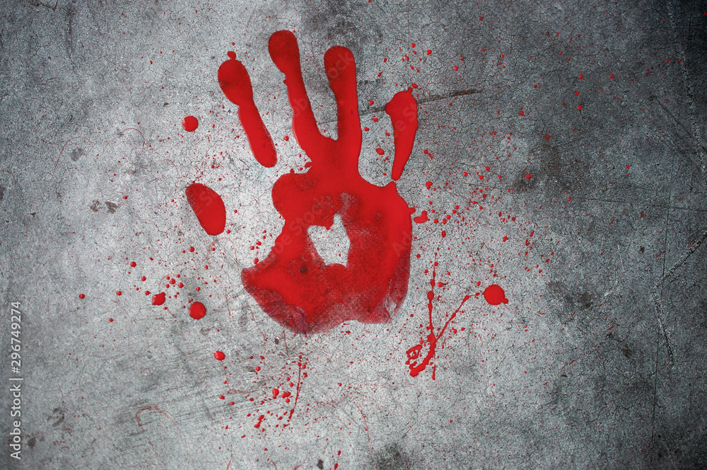 Red bloody footprint of a hand with bloody spray on a black background ...