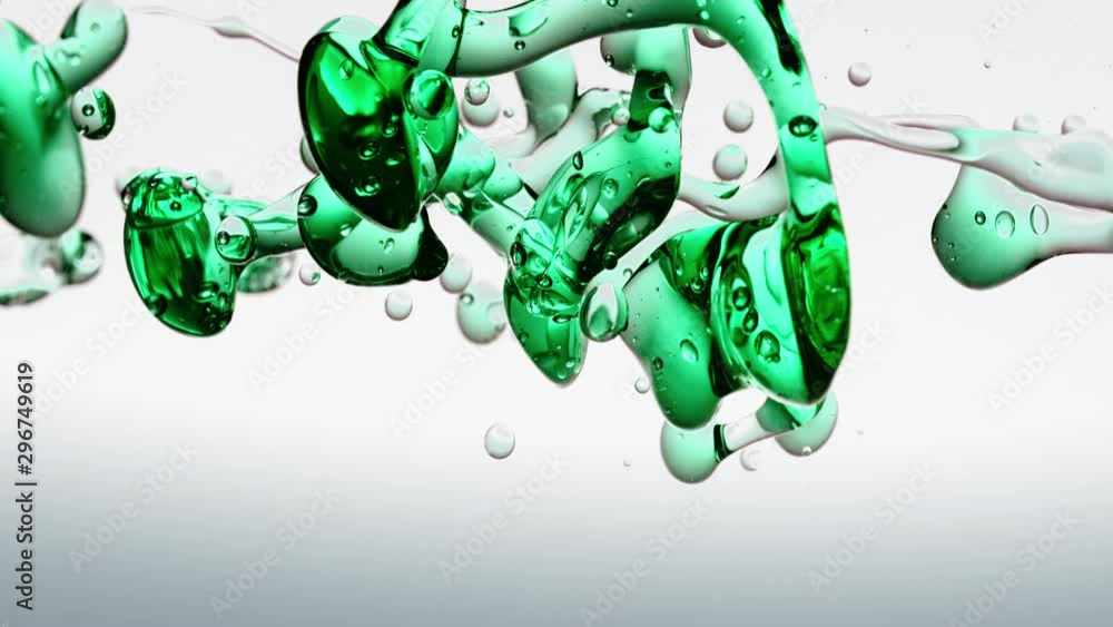 transparent petrol, green blue oil bubbles and fluid shapes in purified ...