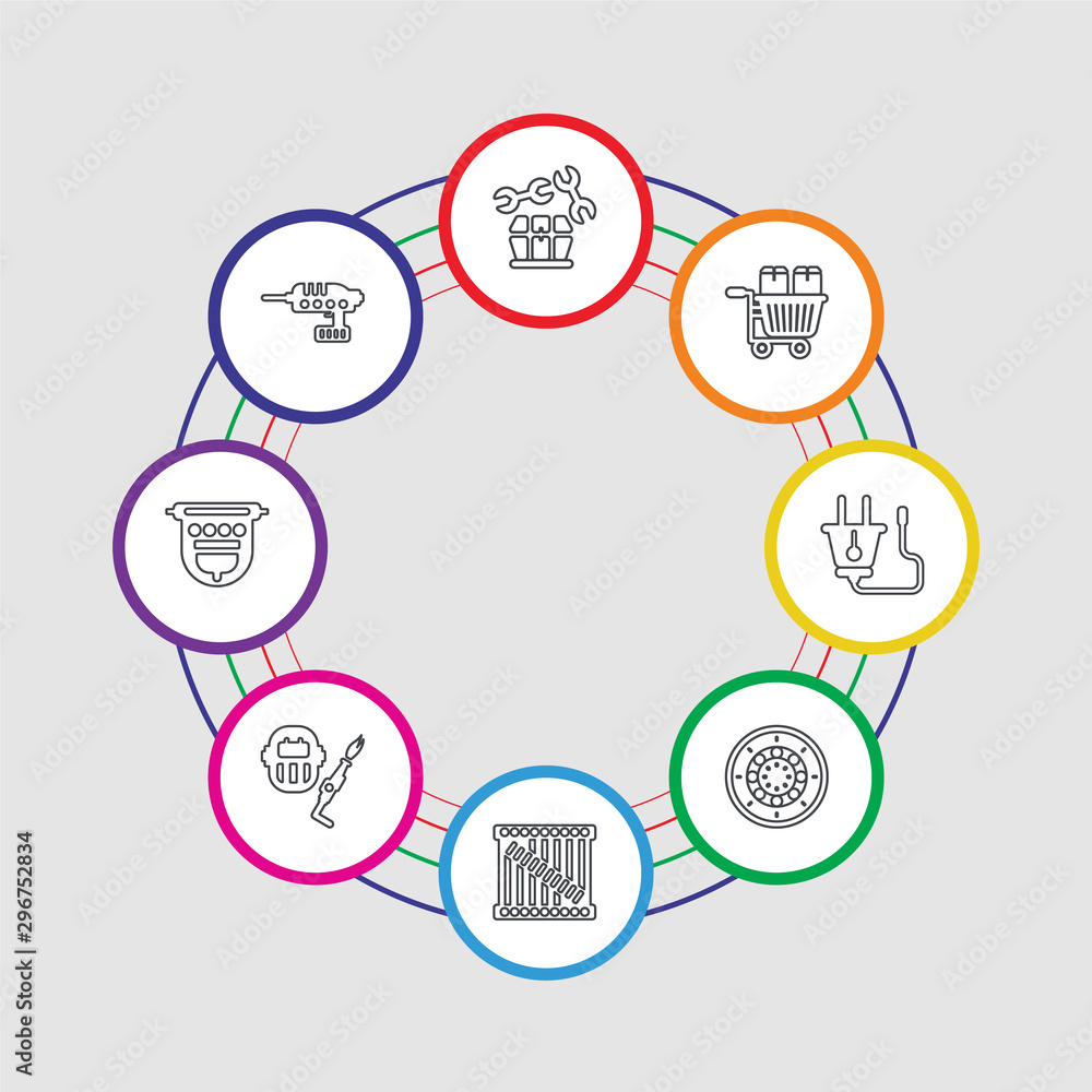 8 colorful stroke icons set included drill, weld, barcode, package ...