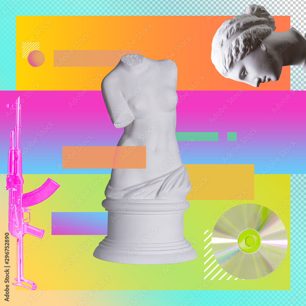 Statue. On a Abstract background. Gypsum torso of Venus and old tv ...