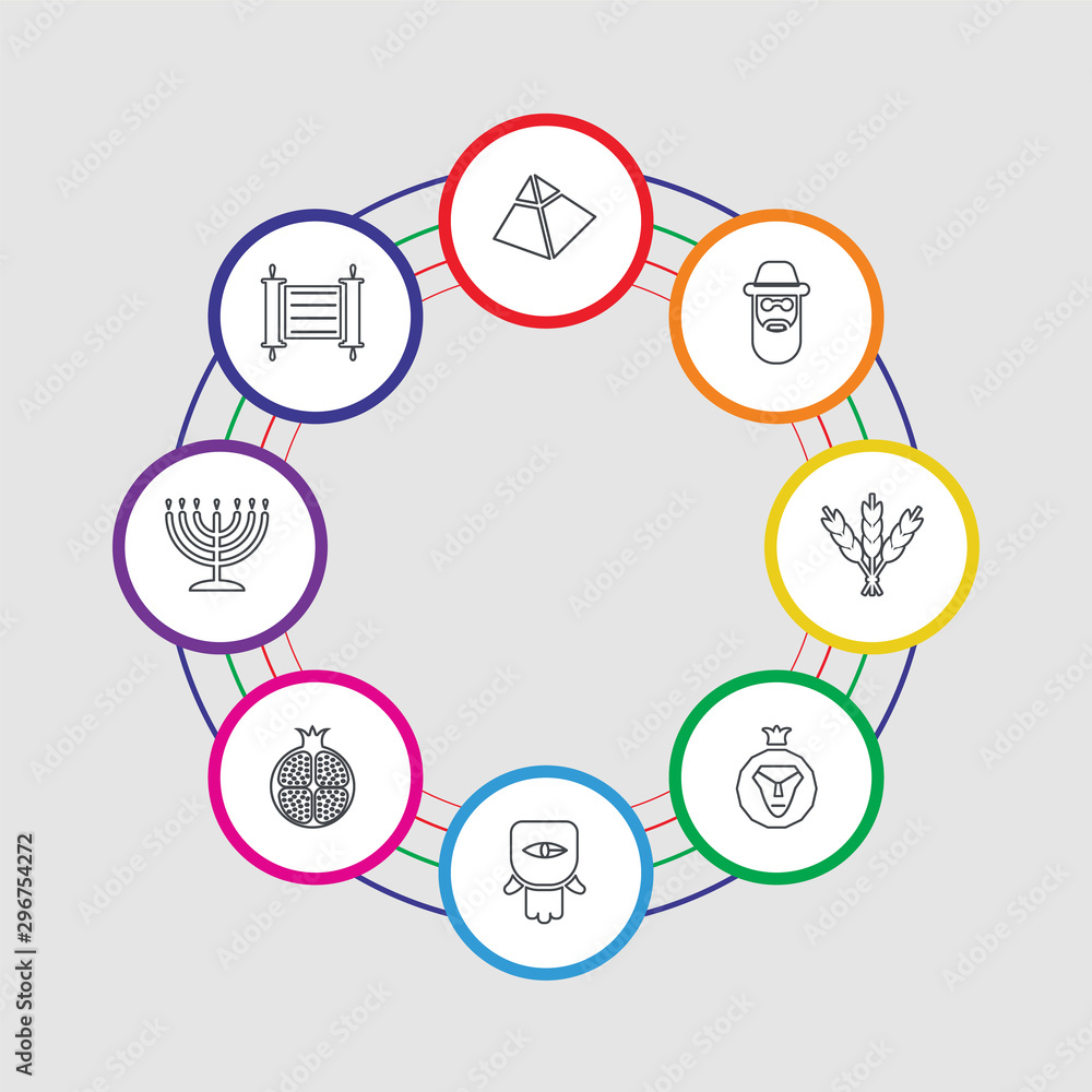 8 colorful stroke icons set included torah, big menorah, half ...