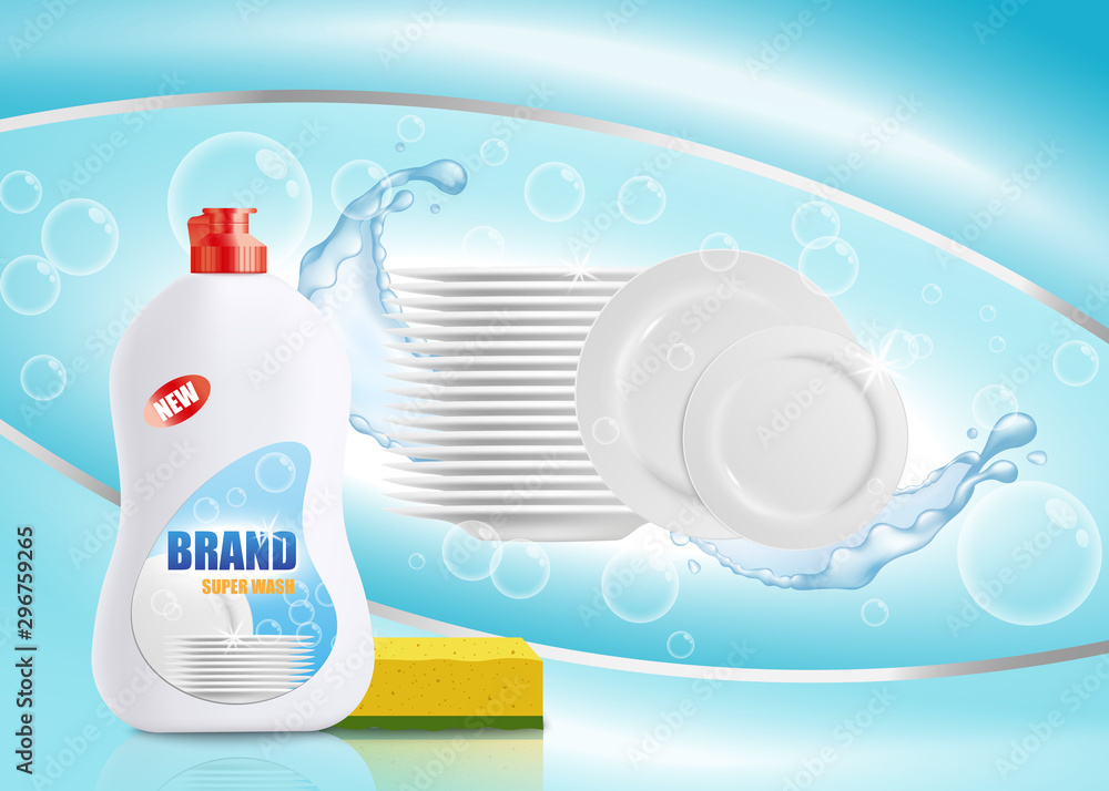 Clean kitchen utensils with dishwashing detergent realistic vector ...