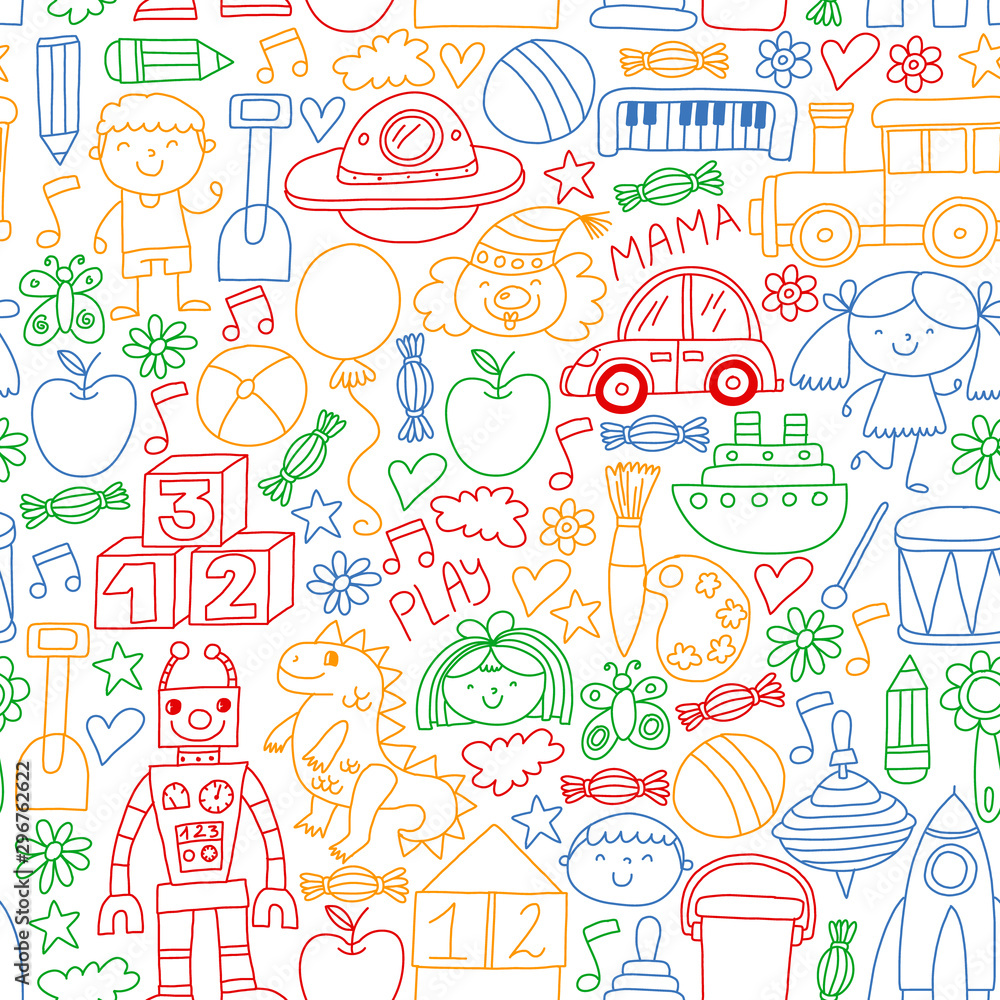 Kindergarten preschool school children. Kids drawing style vector ...