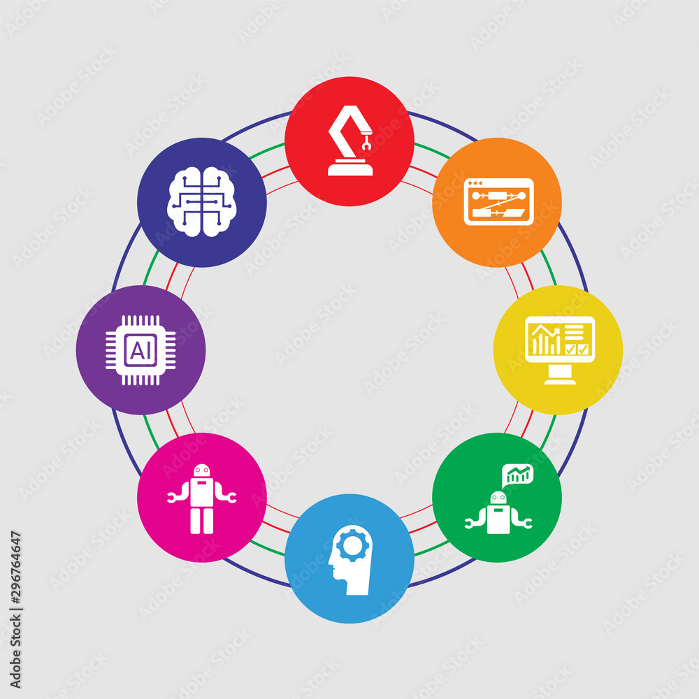 8 colorful round icons set included artificial intelligence, artificial ...