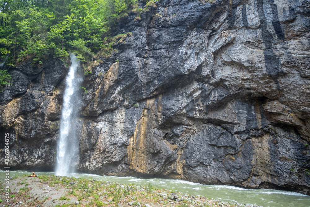 Beautiful scene of small waterfall with rock wall in Aare gorge ...