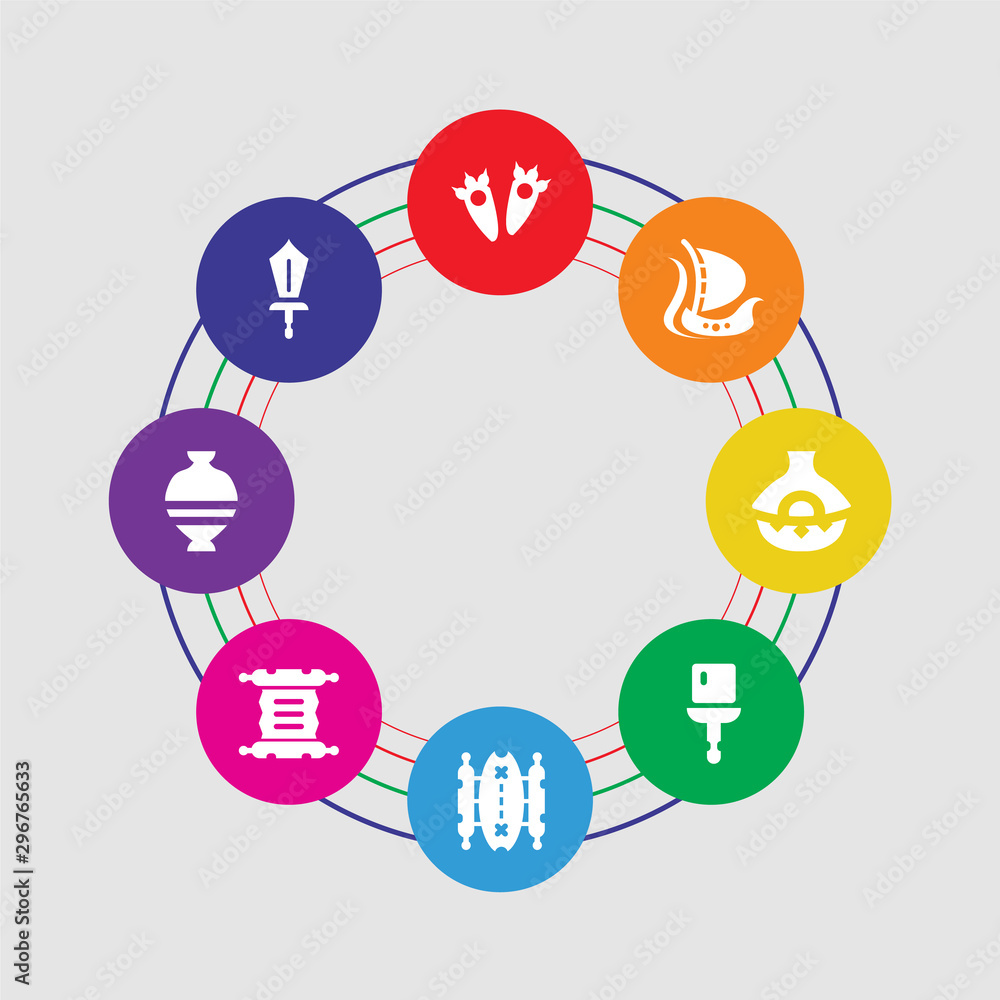 8 colorful round icons set included swords, ancient jar, papyrus, map ...