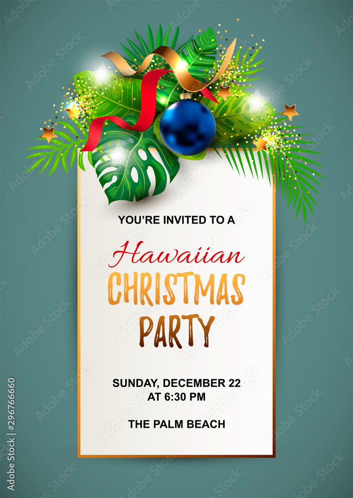 Hawaiian Christmas party invitation with exotic tropical leaves ...