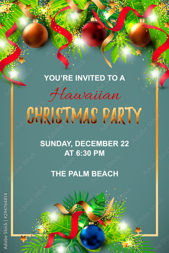 Hawaiian Christmas party invitation with exotic tropical leaves ...