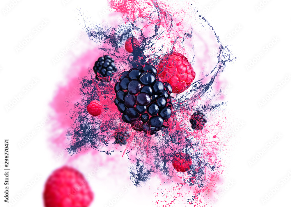 Raspberries and blackberries falling from the air on white background ...