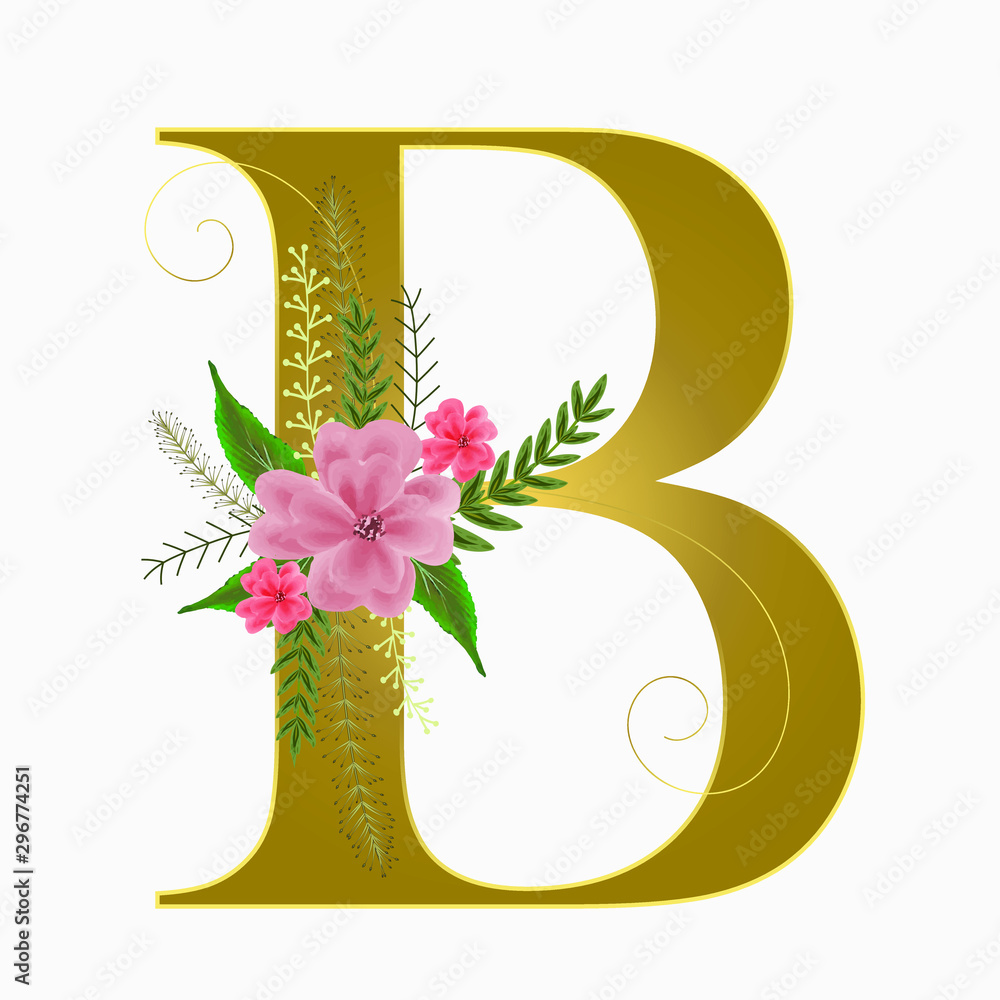 Floral Alphabet Gold , Alphabet flowers - Letter B with watercolor ...