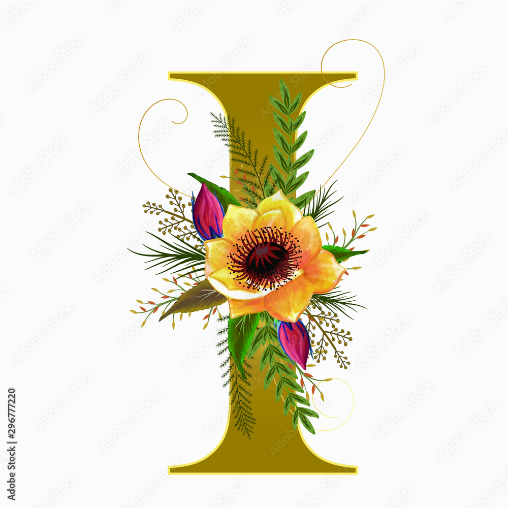 Gold Alphabet flowers - Letter I with watercolor flowers and leaves ...
