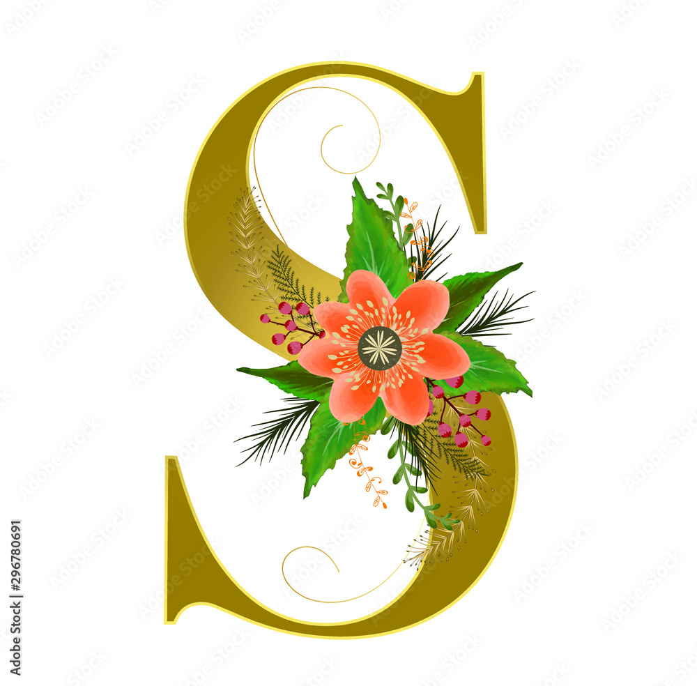 Golden Alphabet flowers - Letter S with watercolor flowers and leaves ...