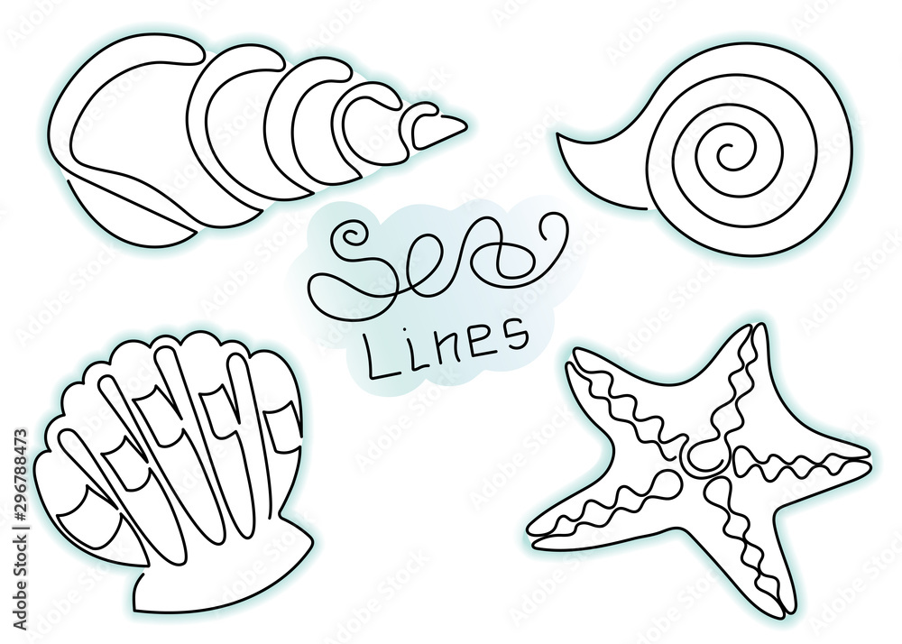 Continuous one line art drawing of sea shells and starfish Stock Vector ...