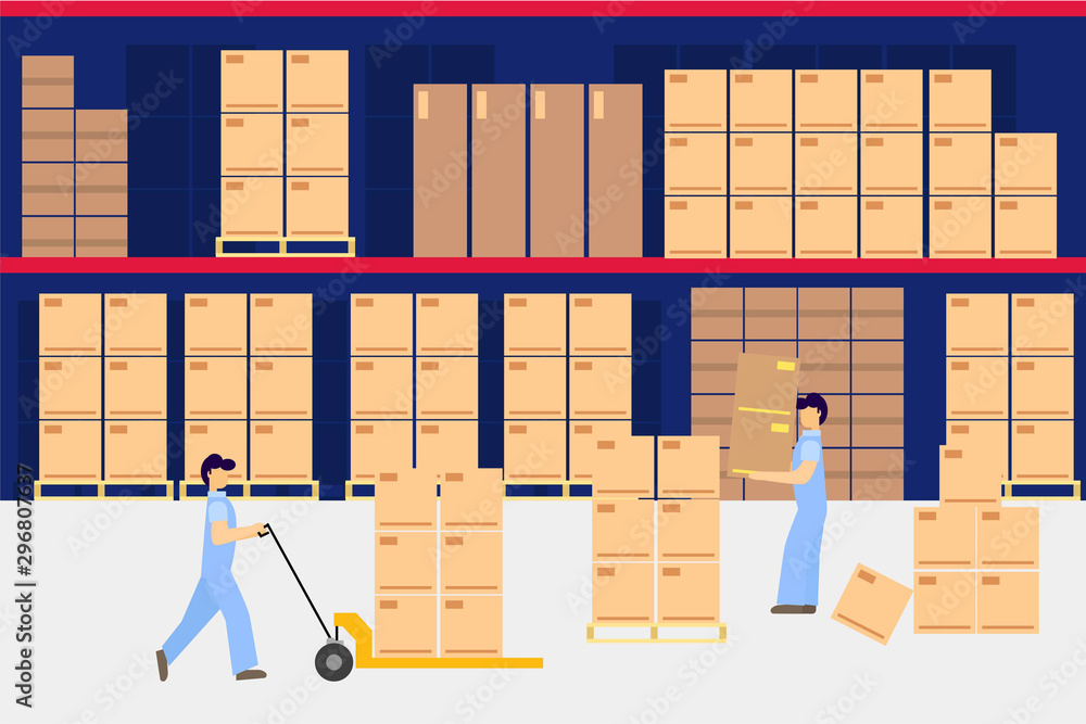 Illustration Warehouse store with Boxes On Rack And People working ...