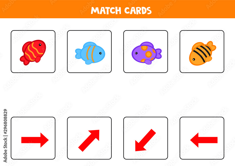 Educational worksheet for kids. Match cards. Fish set. Spatial ...