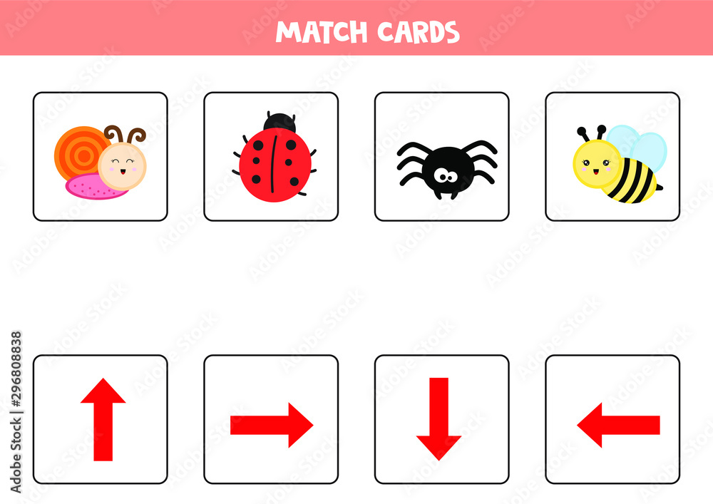 Educational worksheet for preschool kids. Match cards. Insects set ...
