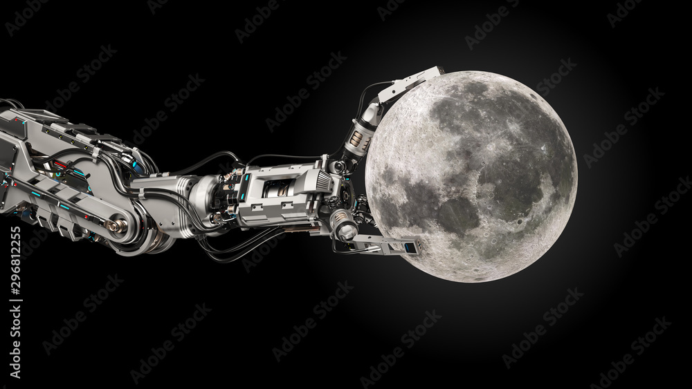 Detailed futuristic arm or cybernetic robot machine holding the moon ...