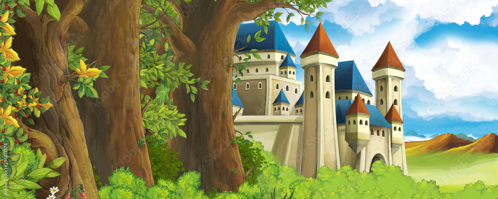 Cartoon nature scene with beautiful castle near the forest ...