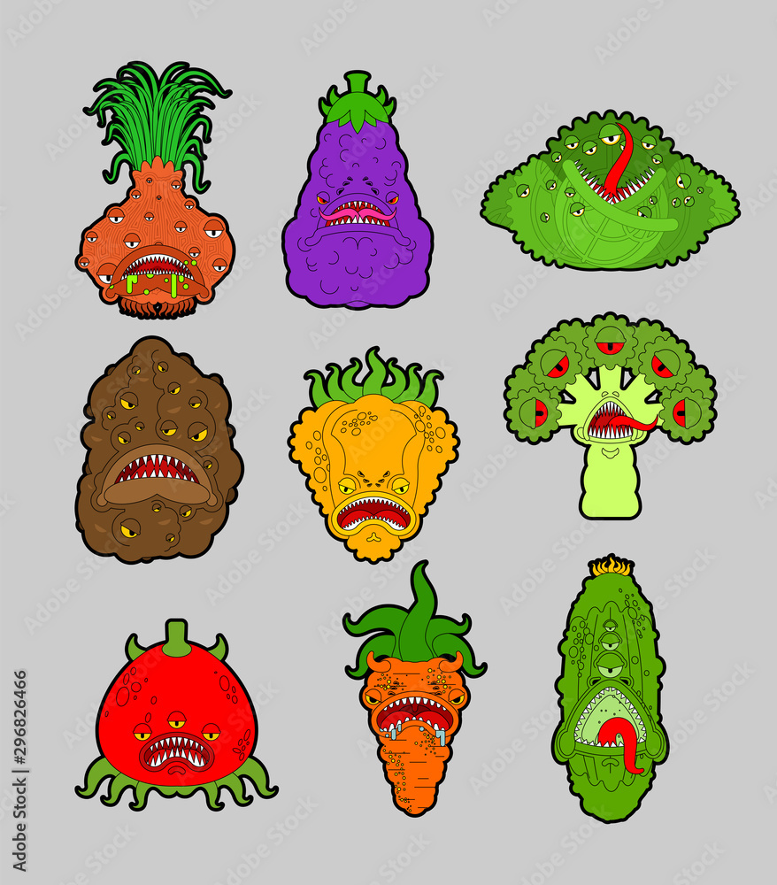 Vegetables monster set. Vegetable GMO mutant. genetically modified ...