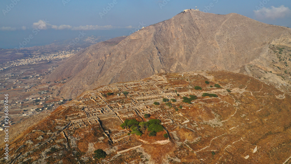 Aerial drone photo of iconic archaeological site of ancient Thera or ...