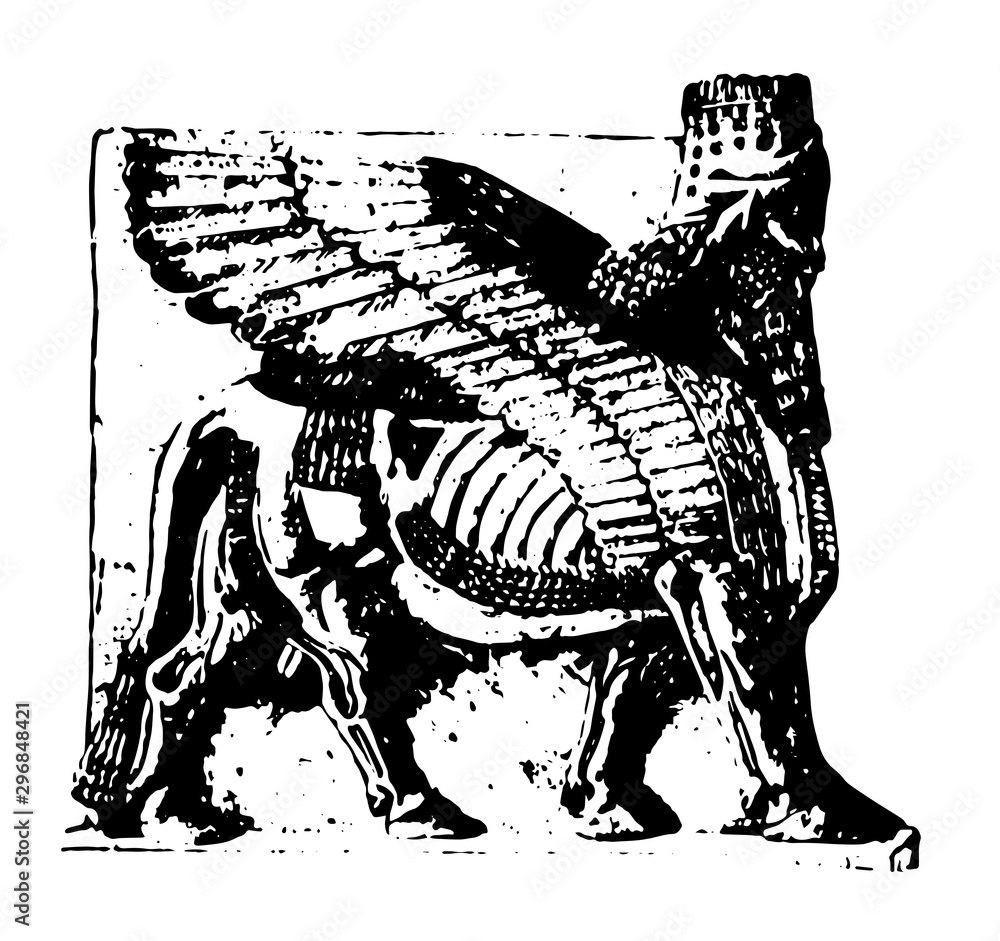 Assyrian Sculpture is an Assyrian winged bull from Khorsabad vintage ...