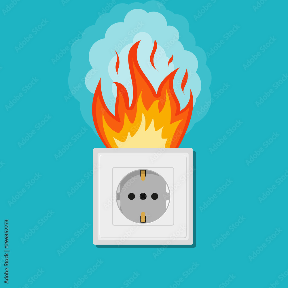 Electric wiring of socket in fire. Electrical safety concept. Plug ...