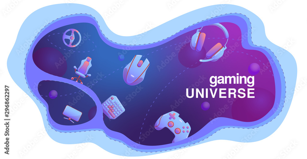 Wavy template with flat Gaming gadgets on modern blue and violet ...