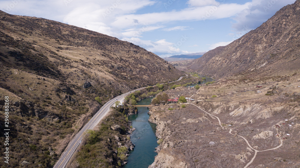 Beautiful aerial view of kawarau River in between of rocky mountain ...