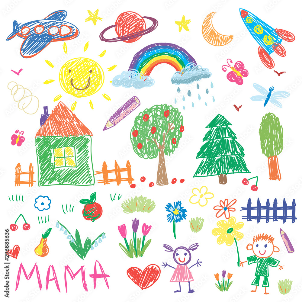Kids drawing vector elements for kindergarten posters and banners ...