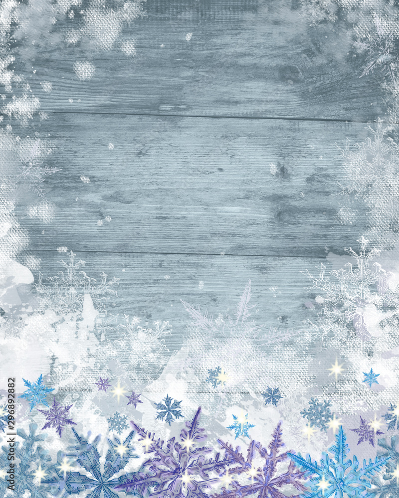 Winter Background with Snowflake Border on Bottom of Frozen Wood ...