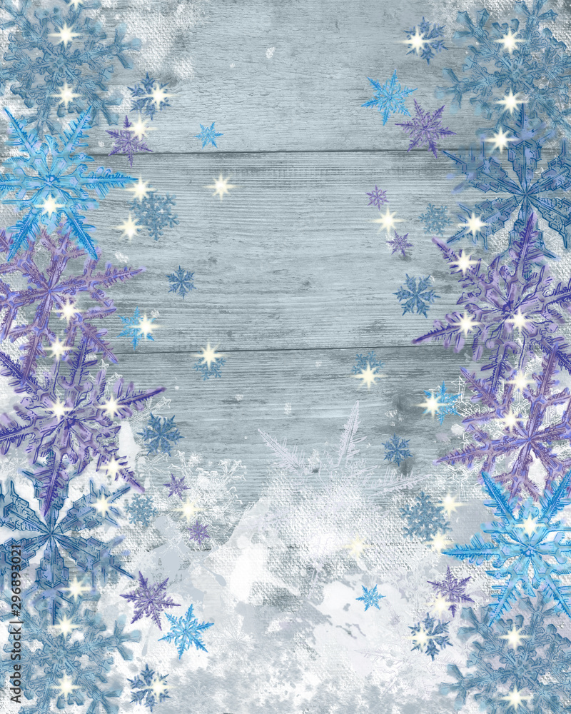 Winter Background with Snowflake Border on Sides of Frozen Wood ...