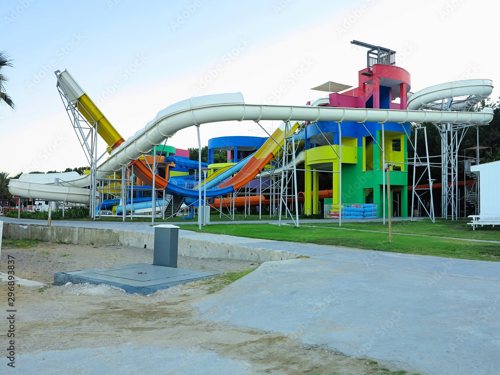 Metal structures for water slides in the waterpark Stock Photo | Adobe ...