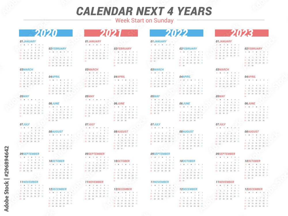 Simple calendar for 4 years 2020 2021 2022 2023. Week start on Sunday ...