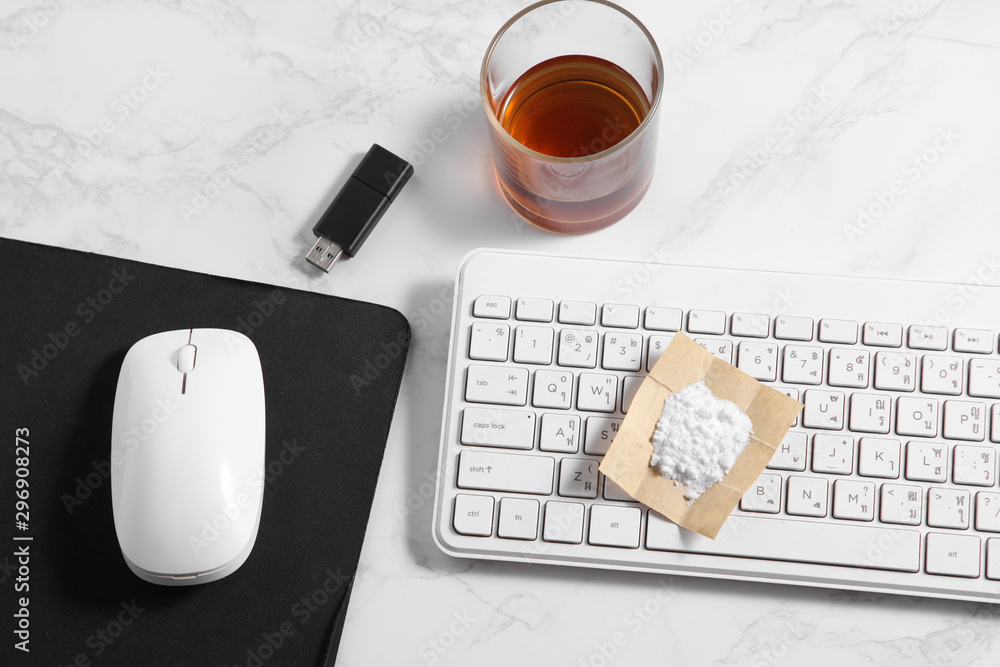 cocaine in paper and equipment for worker on marble background with a ...