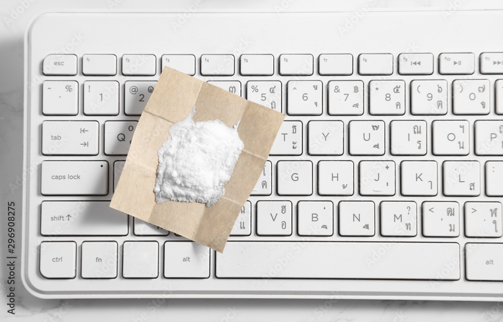 cocaine in paper and equipment for worker on marble background with a ...