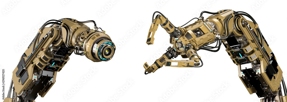 Two different robotic arms standing near each other. Yellow mechanical hands or industrial ...