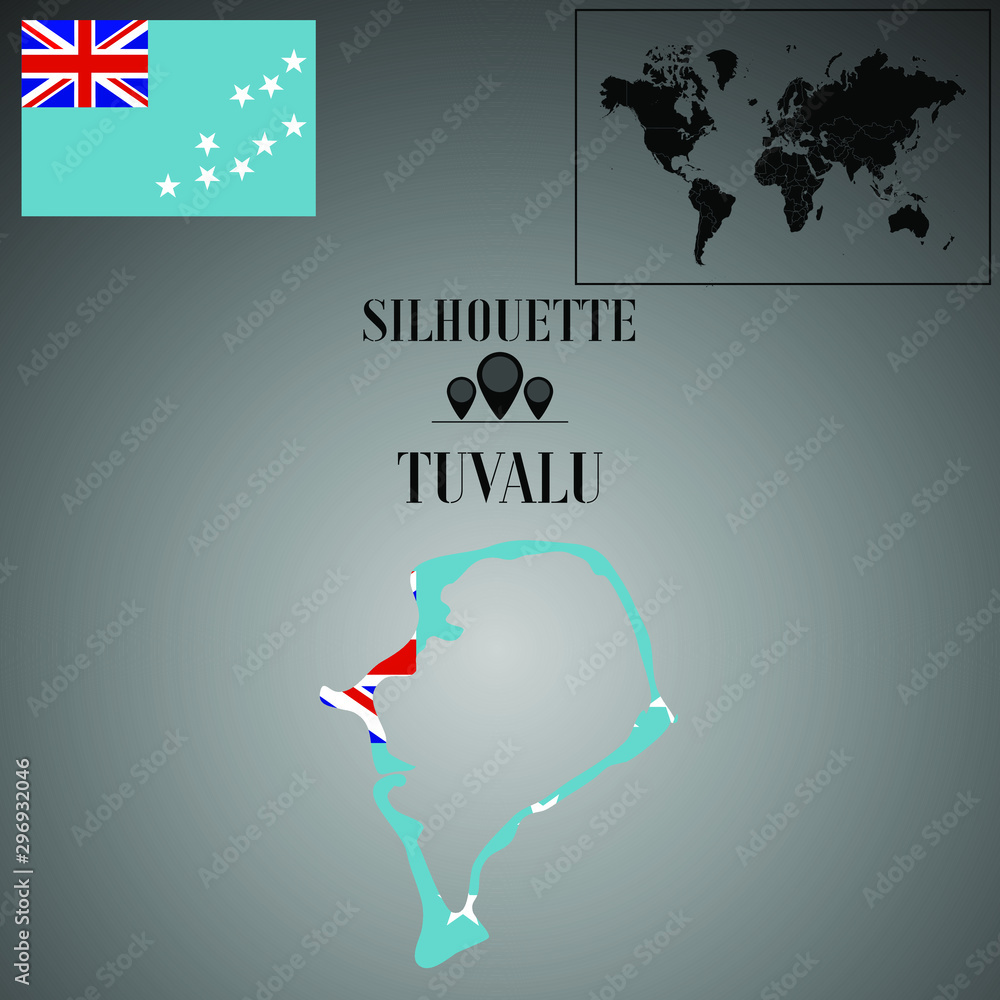 Tuvalu outline world map, contour silhouette with national flag inside ...