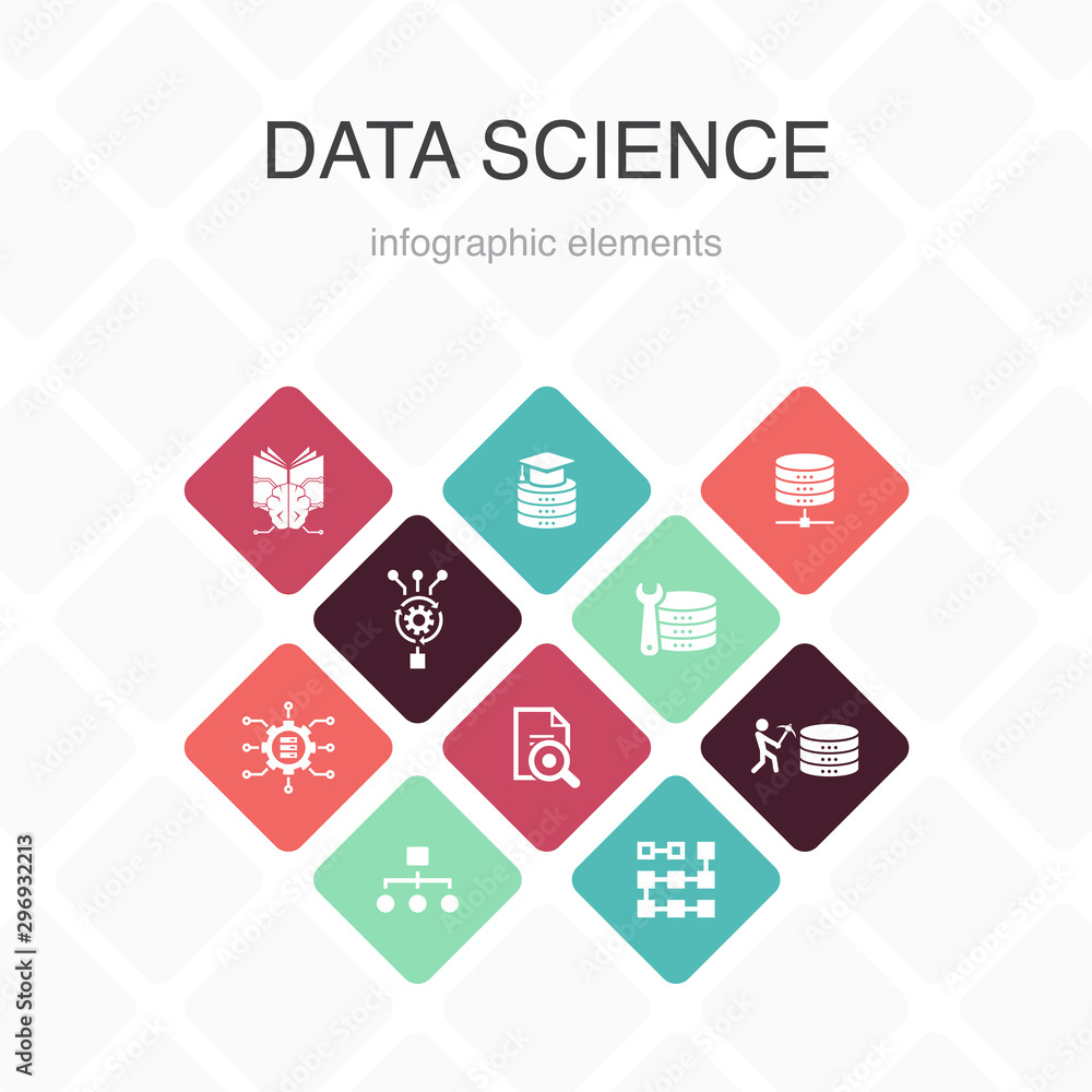 Vetor de Data Science Infographic 10 option color design. machine ...