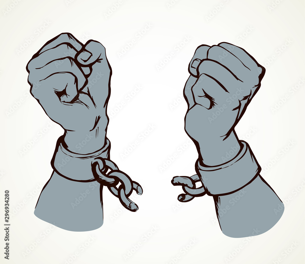 Hands tearing shackles. Vector drawing Stock Vector | Adobe Stock