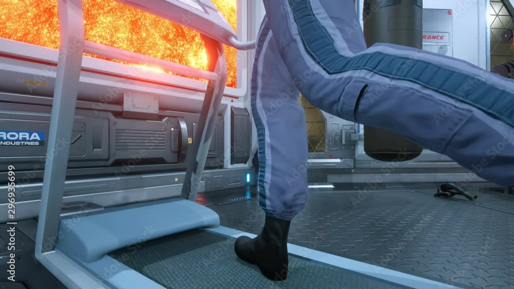 A female astronaut athlete runs on a treadmill in the gym on a ...