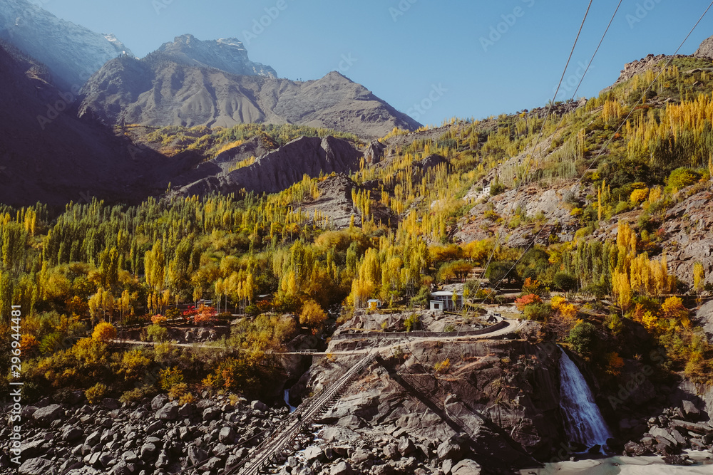 Colorful forest trees on Karakoram mountain range between skardu and ...