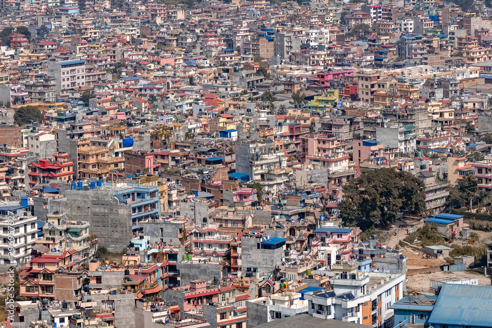 Aerial view of tiny houses in Kathmandu, the capital city of Nepal ...