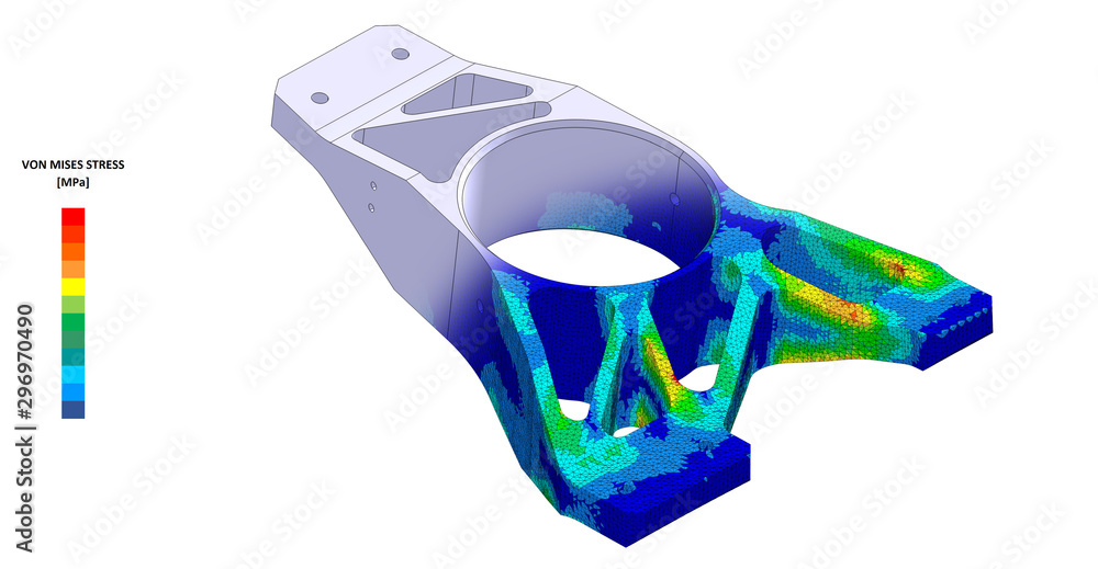 3D Illustration. Von mises stress plot and CAD model blend isometric ...