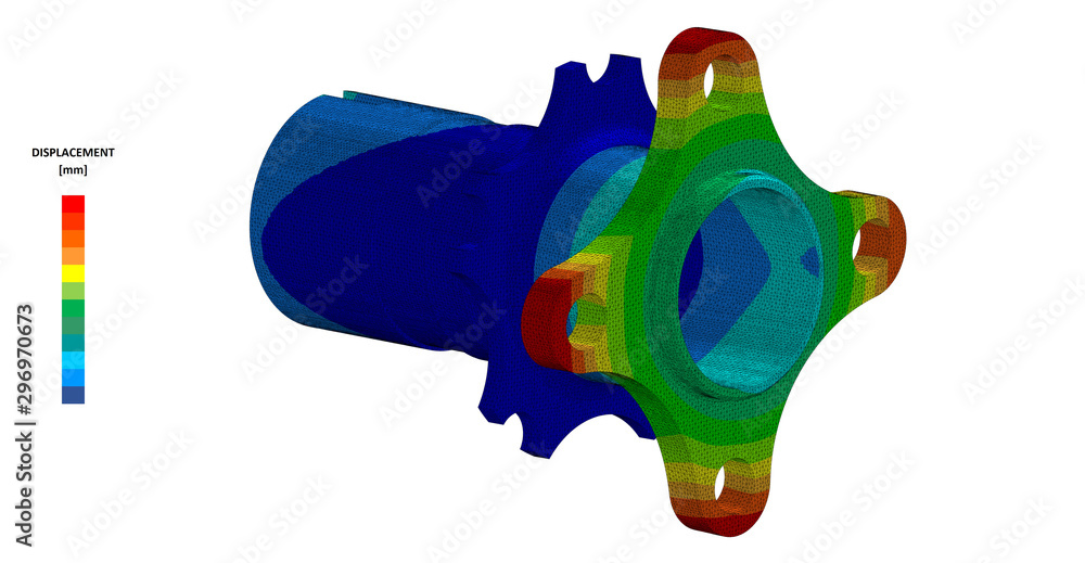 3D Illustration. Displacement plot isometric view of car suspension hub ...