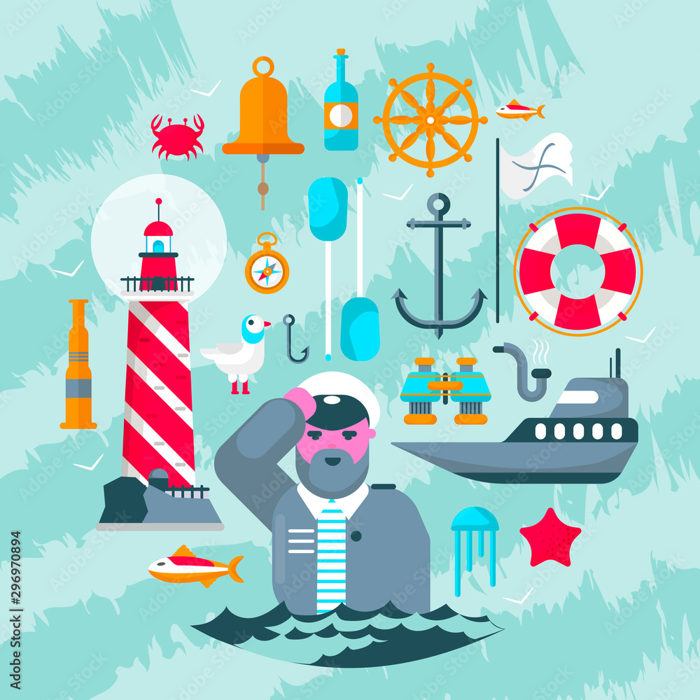 Nautical vector design elements with sailor and boats, helms and ...