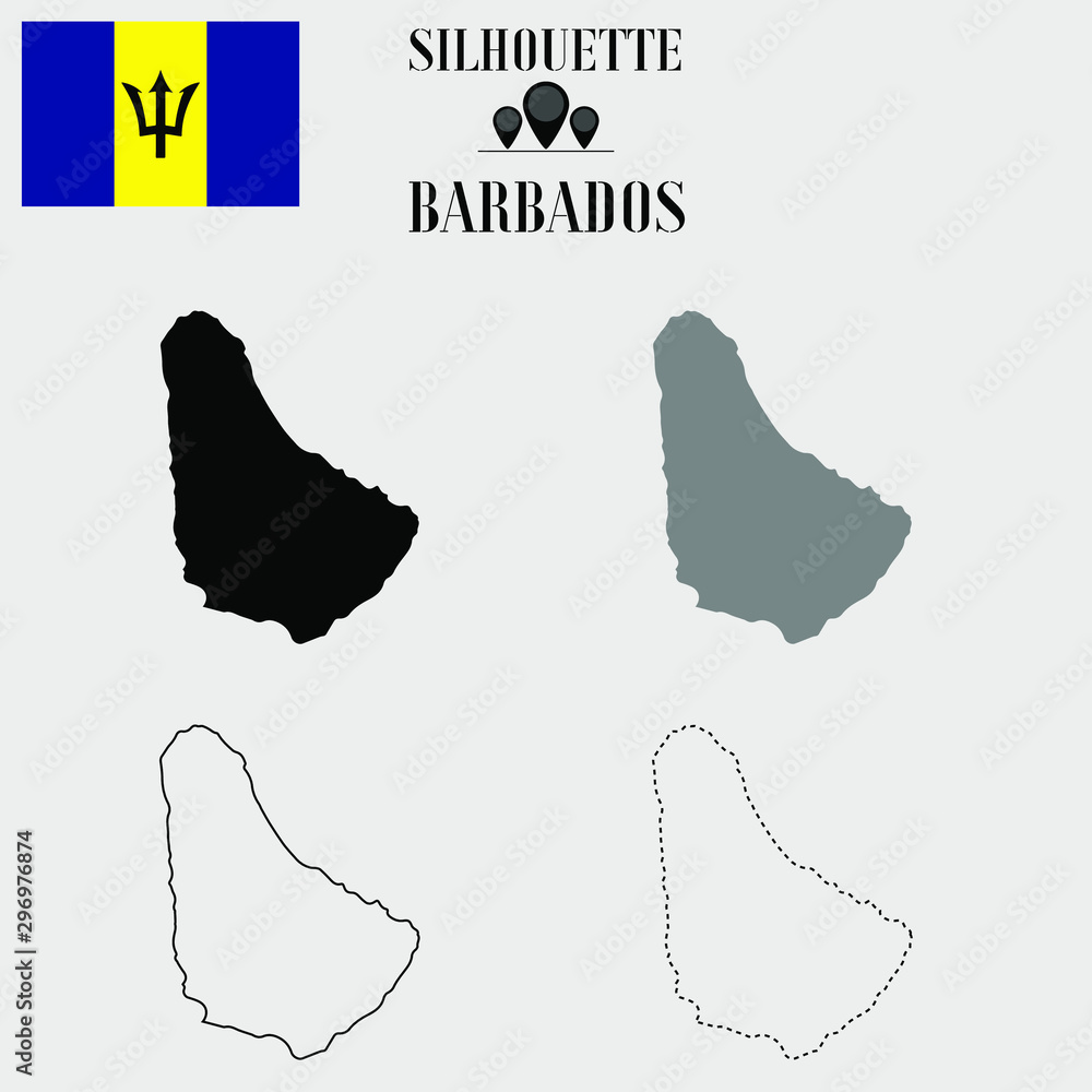 Barbados outline world map, solid, dash line contour silhouette ...