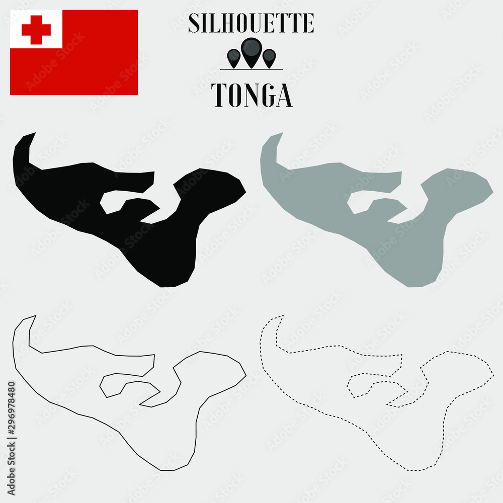 Tonga outline world map, solid, dash line contour silhouette, national ...