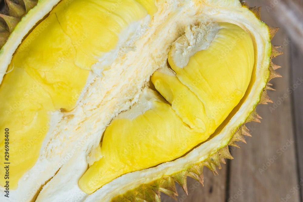 Fresh Cut Kanyao Durian on wooden background,a close-up view of Durian ...