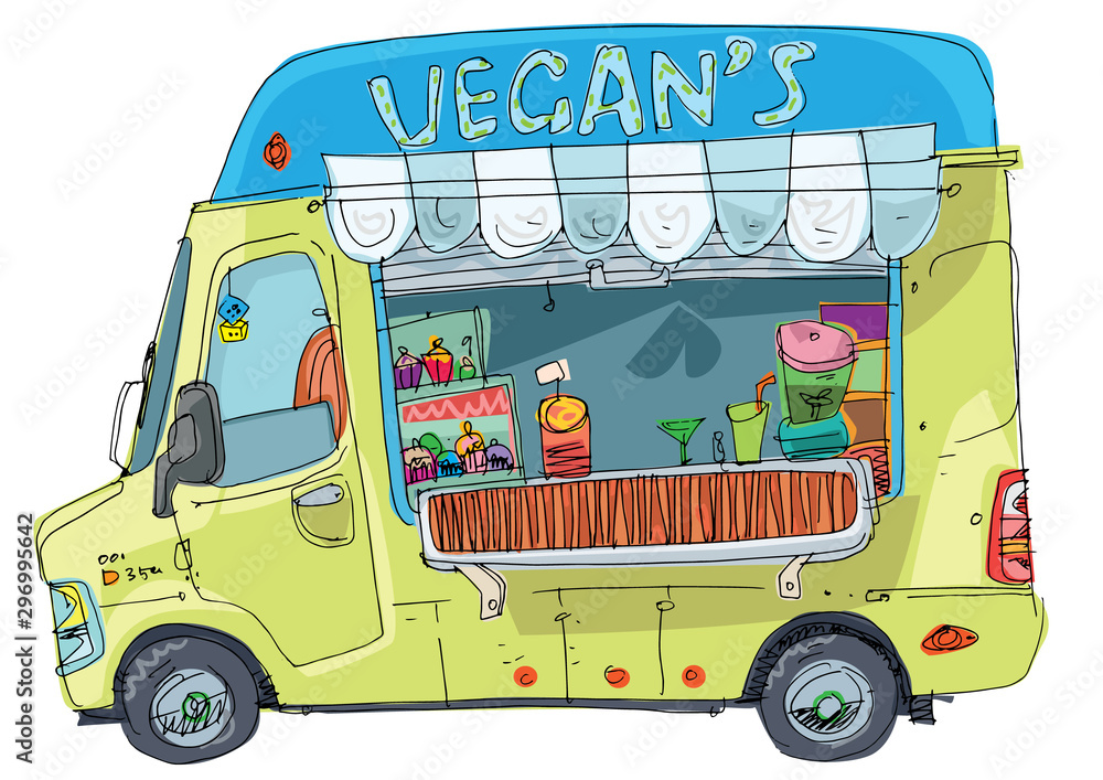 Cute vegan street food trailer mini bus full of food and equipments ...